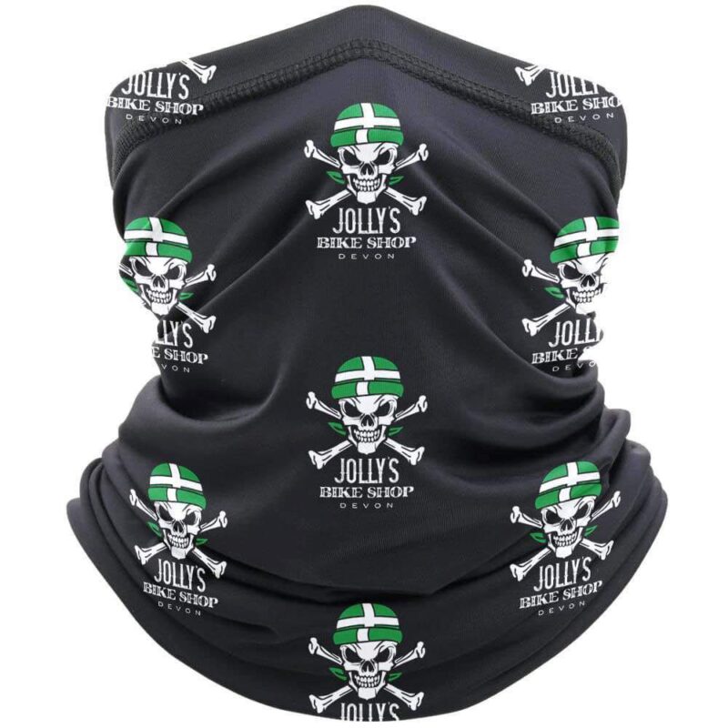 'JOLLY BIKE SHOP' BLACK SNOOD - multi small logos (green hat skulls ...